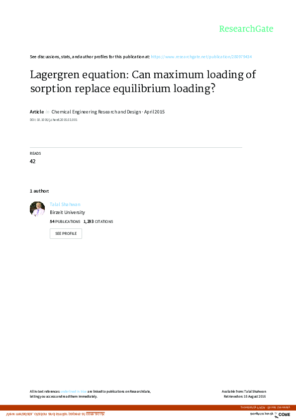 (PDF) Lagergren equation: Can maximum loading of sorption replace ...