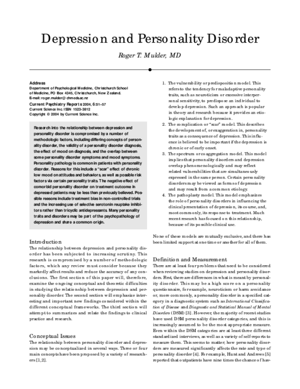 (PDF) Depression and personality disorder