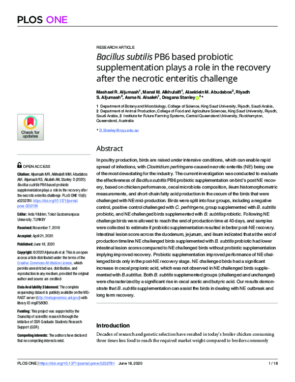 (PDF) Bacillus subtilis PB6 based probiotic supplementation plays a ...