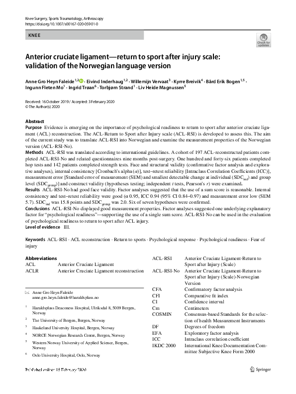 (PDF) Anterior cruciate ligament—return to sport after injury scale ...