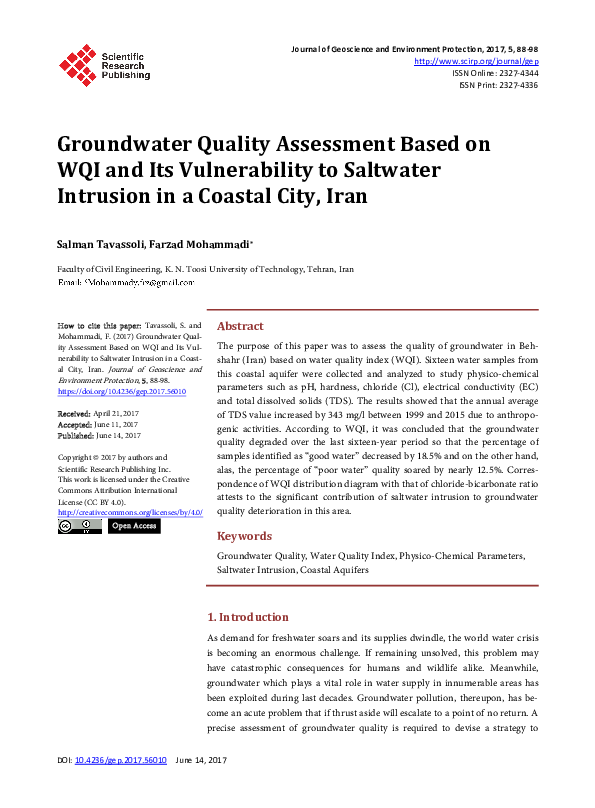 (PDF) Groundwater Quality Assessment Based on WQI and Its Vulnerability ...