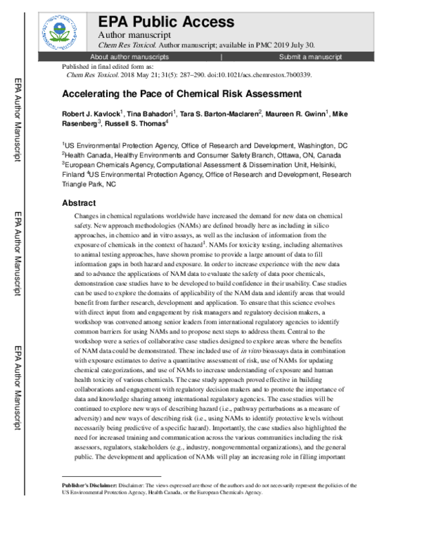 (PDF) Accelerating the Pace of Chemical Risk Assessment