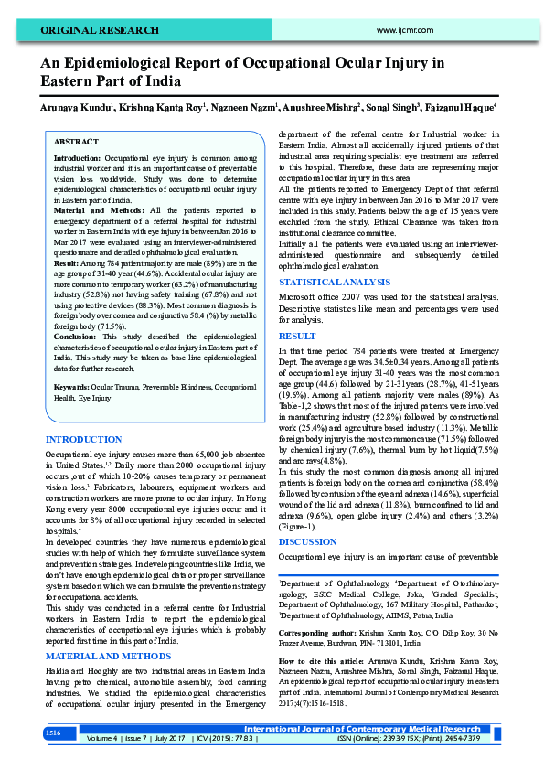 (PDF) An Epidemiological Report of Occupational Ocular Injury in ...