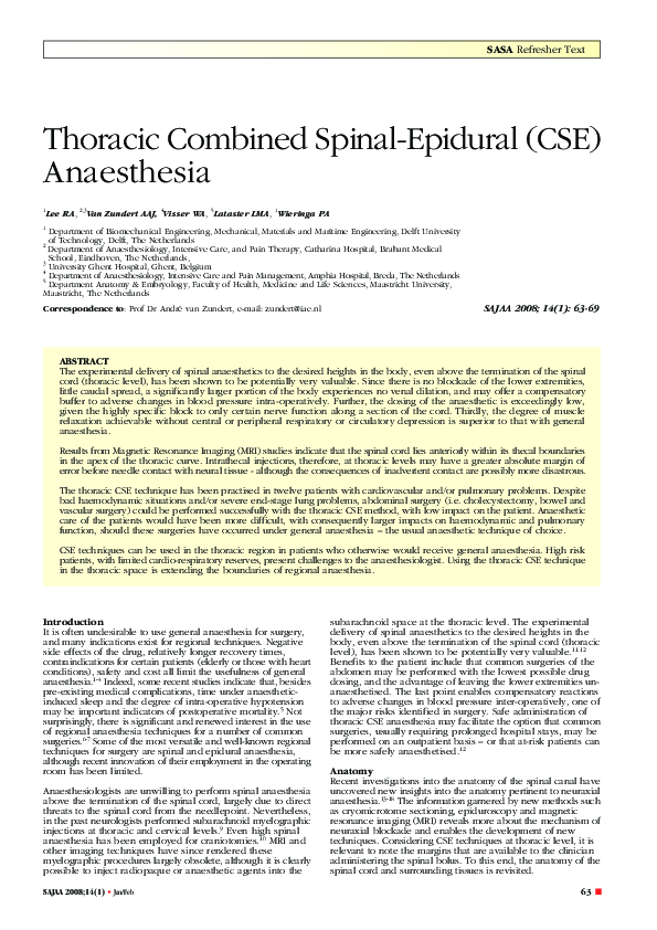 (PDF) Thoracic Combined Spinal-Epidural (CSE) Anaesthesia | Peter ...