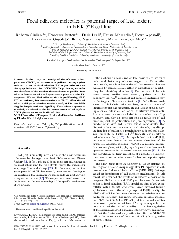 (PDF) Focal adhesion molecules as potential target of lead toxicity in ...