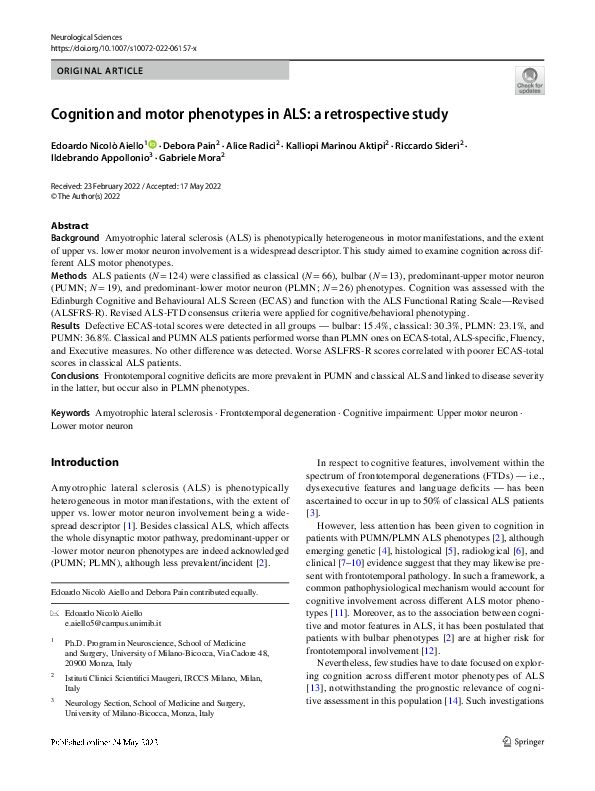 (PDF) Cognition and motor phenotypes in ALS: a retrospective study