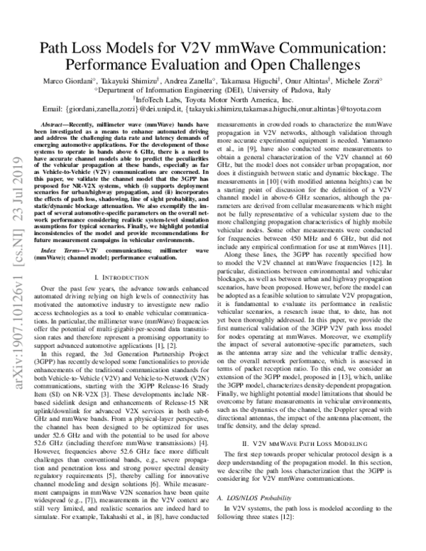 (PDF) Path Loss Models for V2V mmWave Communication: Performance Evaluation and Open Challenges