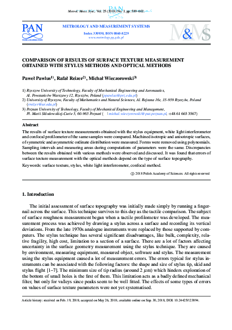 (PDF) Comparison of results of surface texture measurement obtained ...