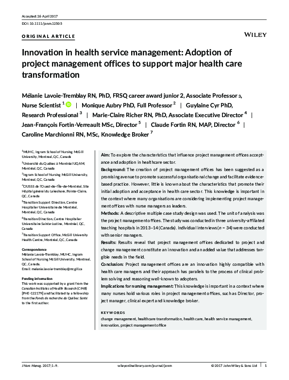 (PDF) Innovation in health service management: Adoption of project ...