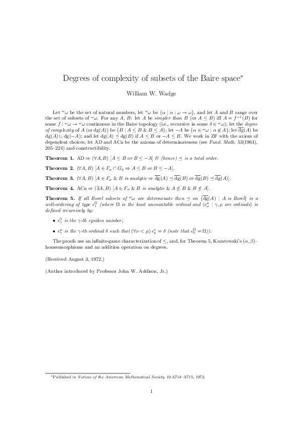 (PDF) Degrees of complexity of subsets of the baire space