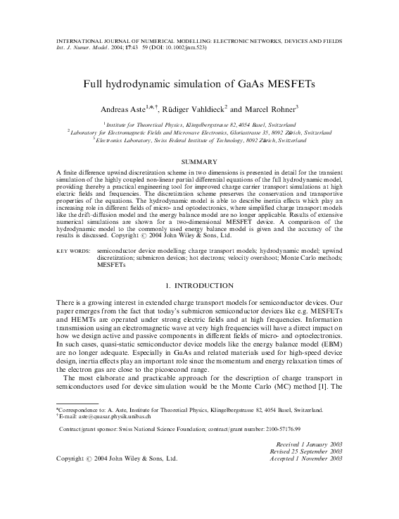 (PDF) Full hydrodynamic simulation of GaAs MESFETs