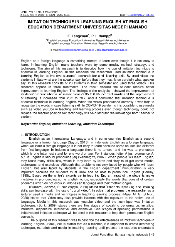 (PDF) Imitation Technique in Learning English at English Education Department Universitas Negeri ...