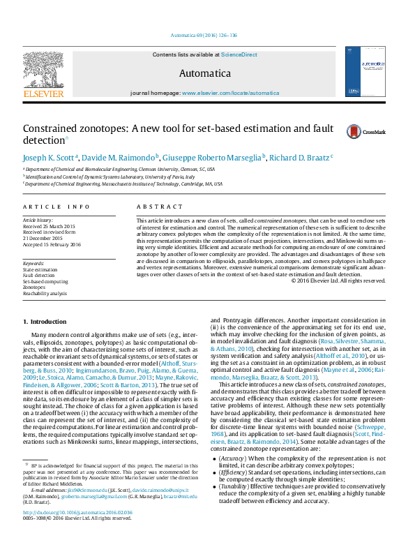 Pdf Constrained Zonotopes A New Tool For Set Based Estimation And Fault Detection