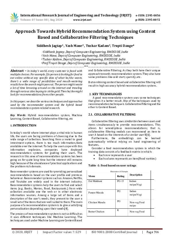 Pdf Approach Towards Hybrid Recommendation System Using Content Based