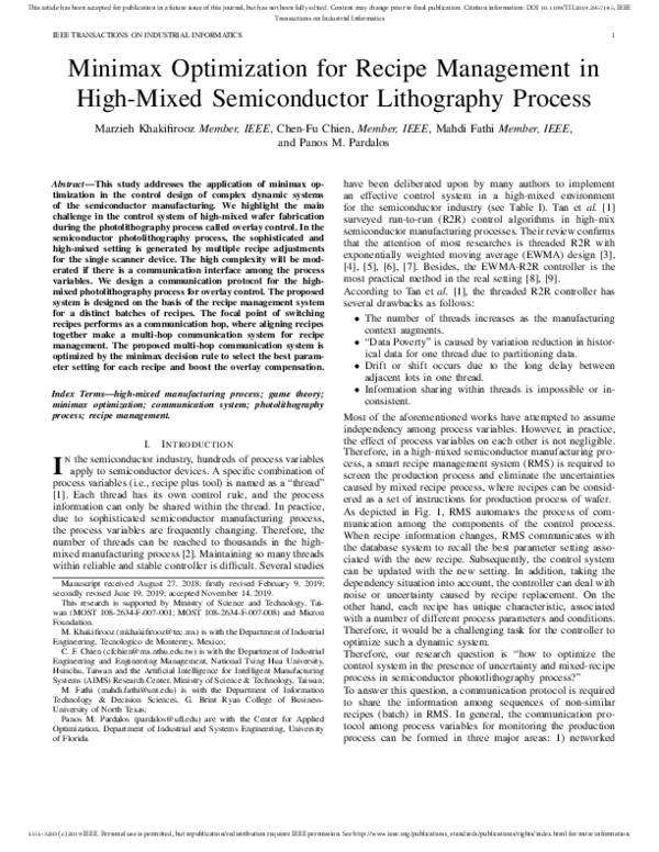 (PDF) Minimax Optimization for Recipe Management in High-Mixed Semiconductor Lithography Process