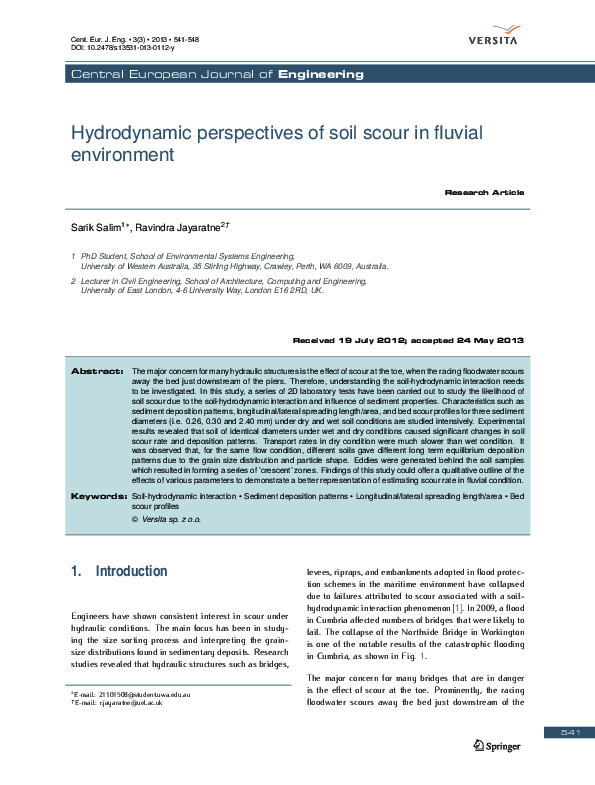 (PDF) Hydrodynamic perspectives of soil scour in fluvial environment