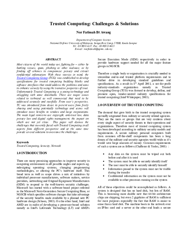 (PDF) Trusted computing: Challenges & solutions