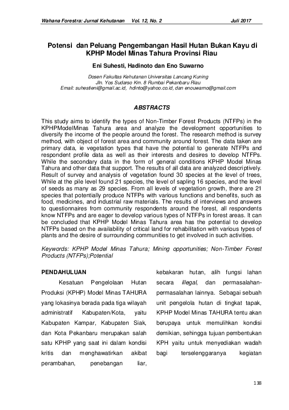 (PDF) Potensi Dan Peluang Pengembangan Hasil Hutan Bukan Kayu DI KPHP Model Minas Tahura ...