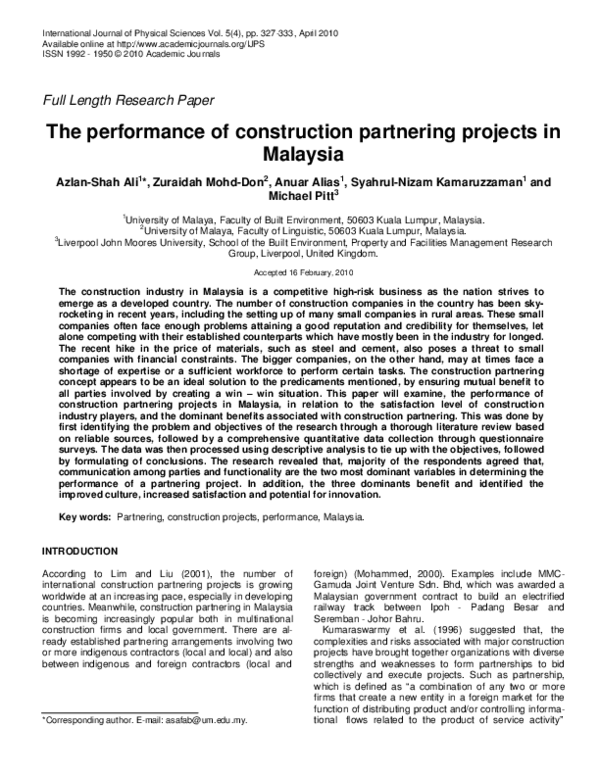 (PDF) The performance of construction partnering projects in Malaysia