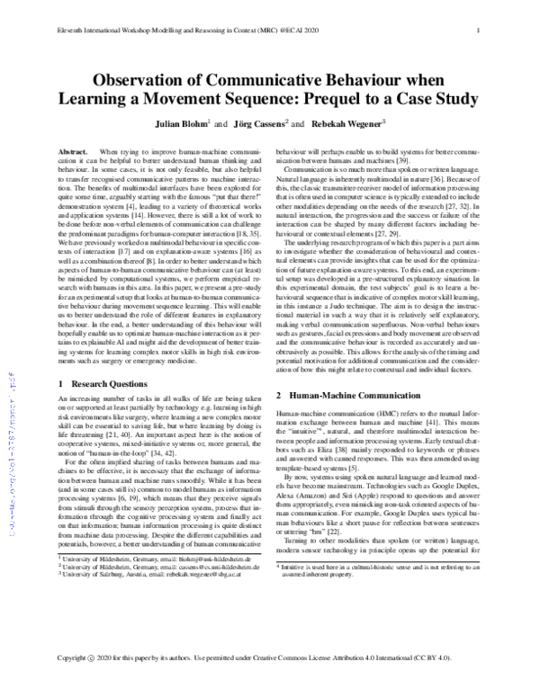 (PDF) Observation of Communicative Behaviour when Learning a Movement ...