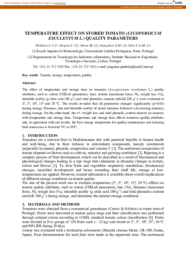 (PDF) Temperature effect on stored tomato (Lycopersicum esculentum L.) quality parameters