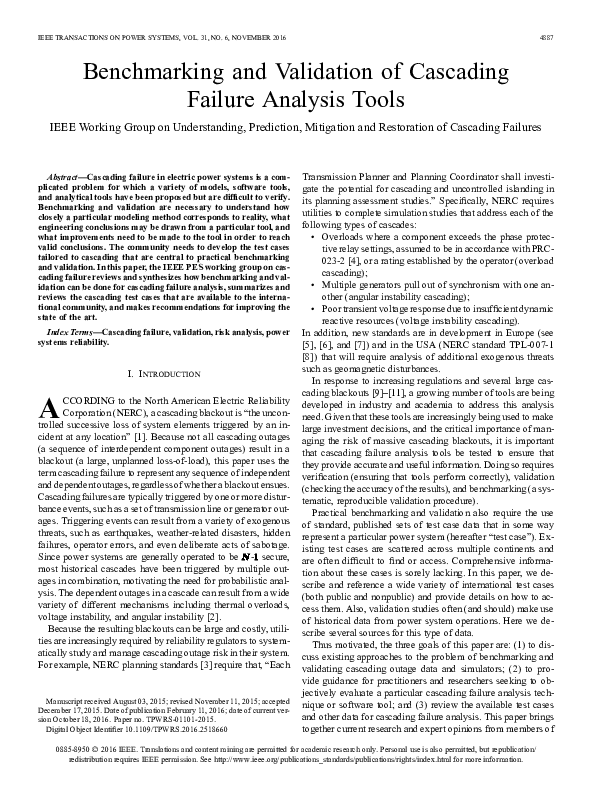 (PDF) Benchmarking and Validation of Cascading Failure Analysis Tools