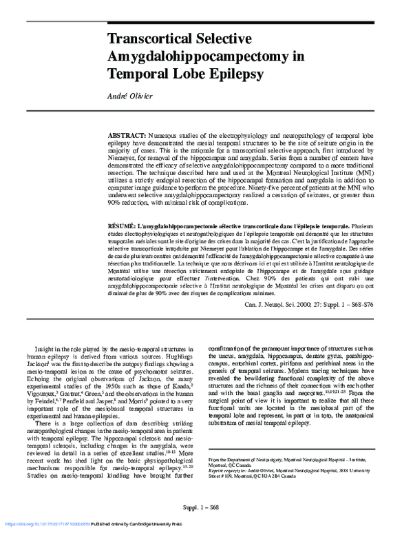 Pdf Transcortical Selective Amygdalohippocampectomy In Temporal Lobe