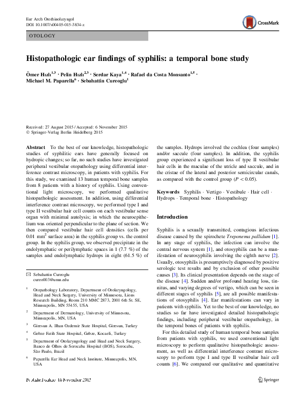 (PDF) Histopathologic ear findings of syphilis: a temporal bone study