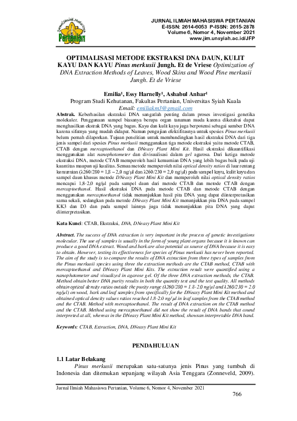 (PDF) Optimalisasi Metode Ekstraksi DNA Daun, Kulit Kayu dan Kayu Pinus ...