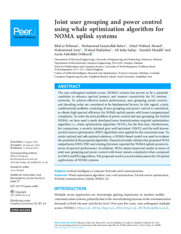 Pdf Joint User Grouping And Power Control Using Whale Optimization Algorithm For Noma Uplink
