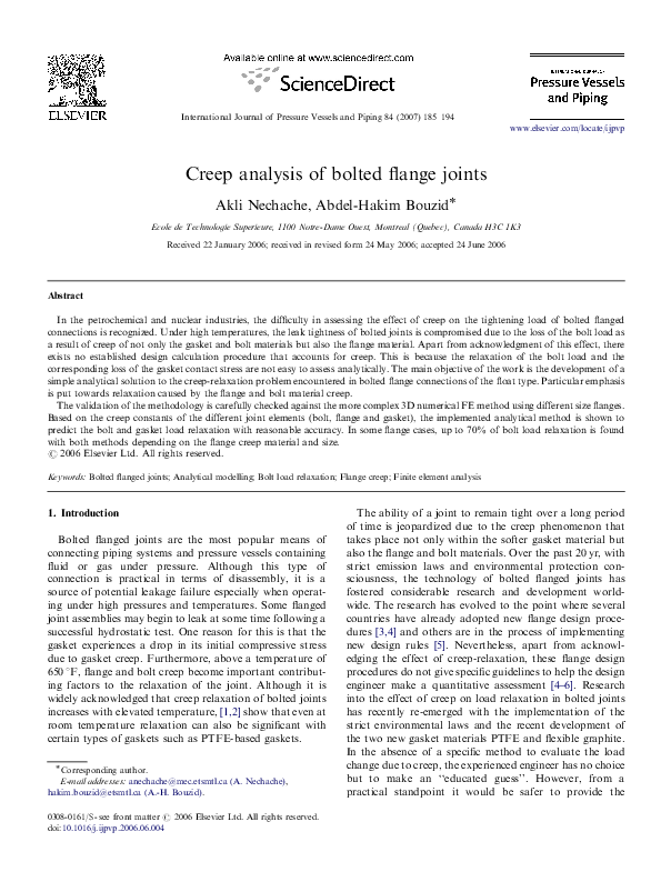 (PDF) Creep analysis of bolted flange joints
