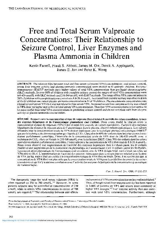 (PDF) Free and Total Serum Valproate Concentrations: Their Relationship ...