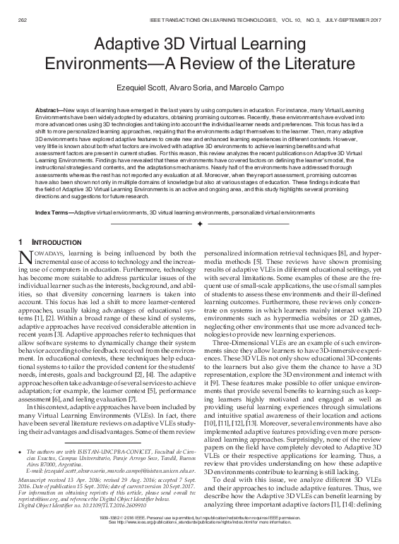 (PDF) Adaptive 3D Virtual Learning Environments—A Review of the Literature