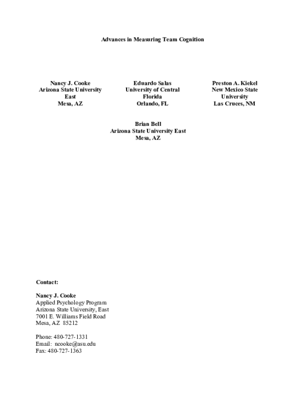 Pdf Advances In Measuring Team Cognition