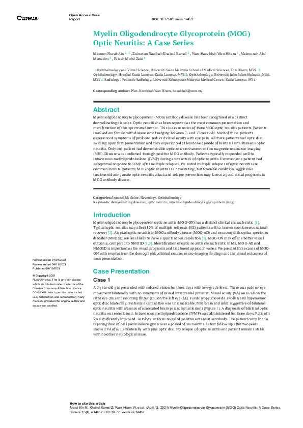 (PDF) Myelin Oligodendrocyte Glycoprotein (MOG) Optic Neuritis: A Case ...