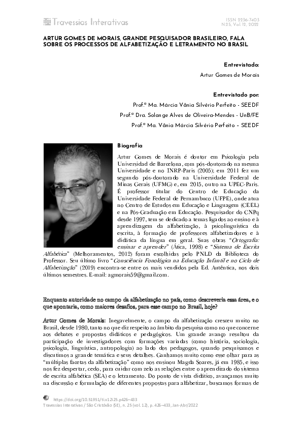 (PDF) Artur Gomes De Morais Fala Sobre Os Processos De Alfabetização e ...