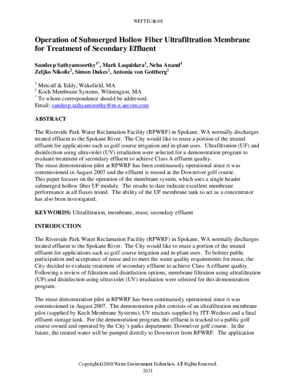 (PDF) Operation of Submerged Hollow Fiber Ultrafiltration Membrane for ...