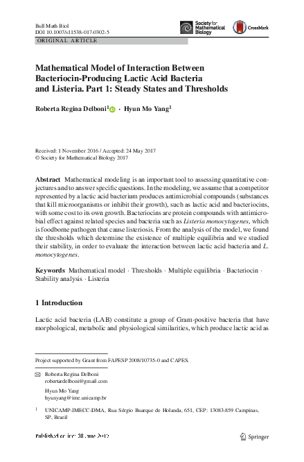 (PDF) Mathematical Model of Interaction Between Bacteriocin-Producing Lactic Acid Bacteria and ...