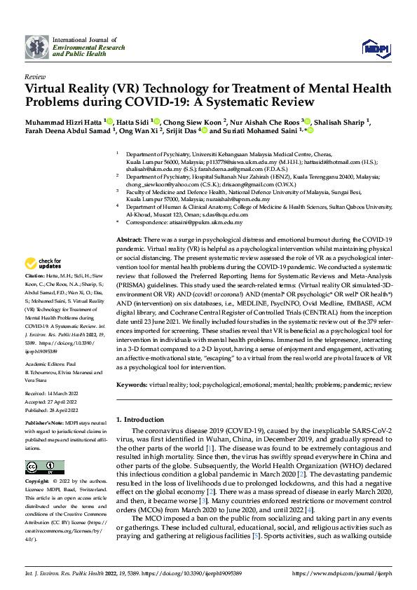 (PDF) Virtual Reality (VR) Technology for Treatment of Mental Health ...