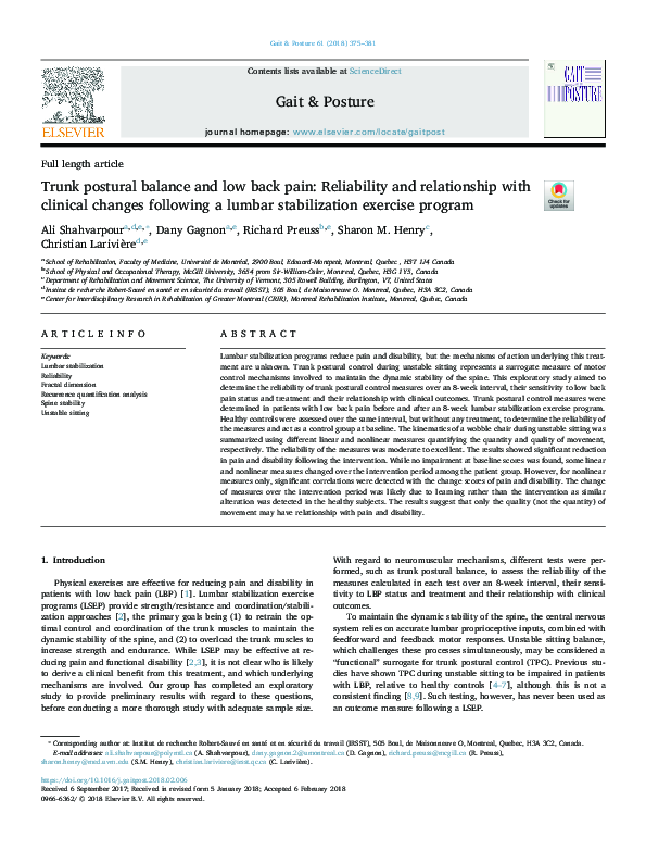 (PDF) Trunk postural balance and low back pain: Reliability and ...