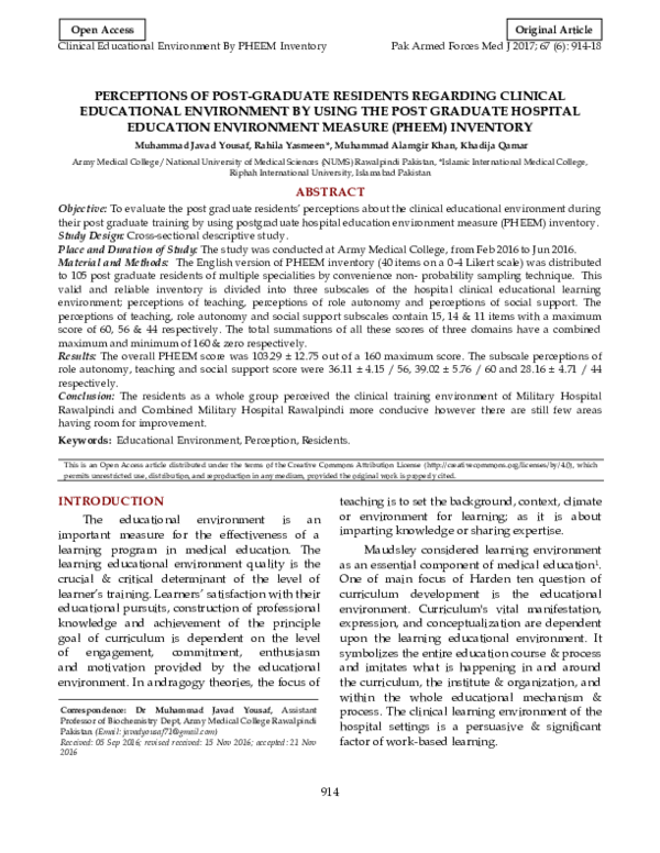 (PDF) Perceptions of Post-Graduate Residents Regarding Clinical ...