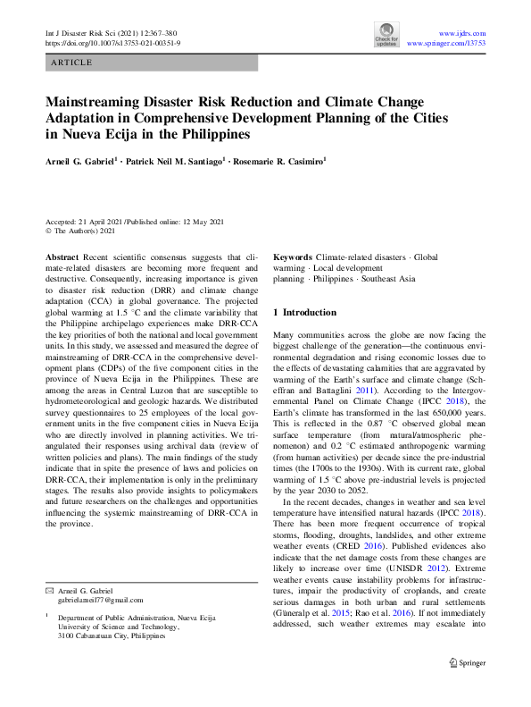 (PDF) Mainstreaming Disaster Risk Reduction and Climate Change ...