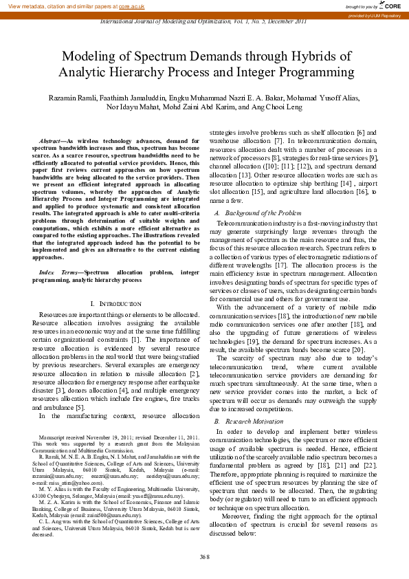 Pdf Modeling Of Spectrum Demands Through Hybrids Of Analytic Hierarchy Process And Integer 