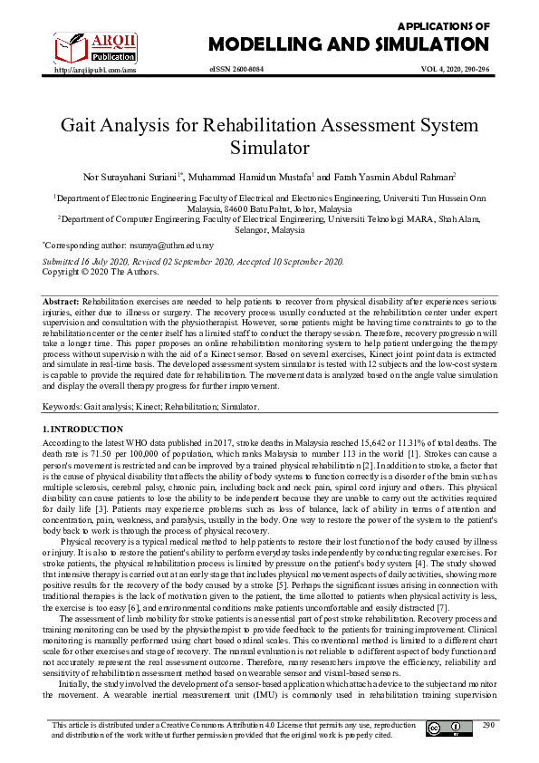 Pdf Gait Analysis For Rehabilitation Assessment System Simulator Nor Surayahani Suriani