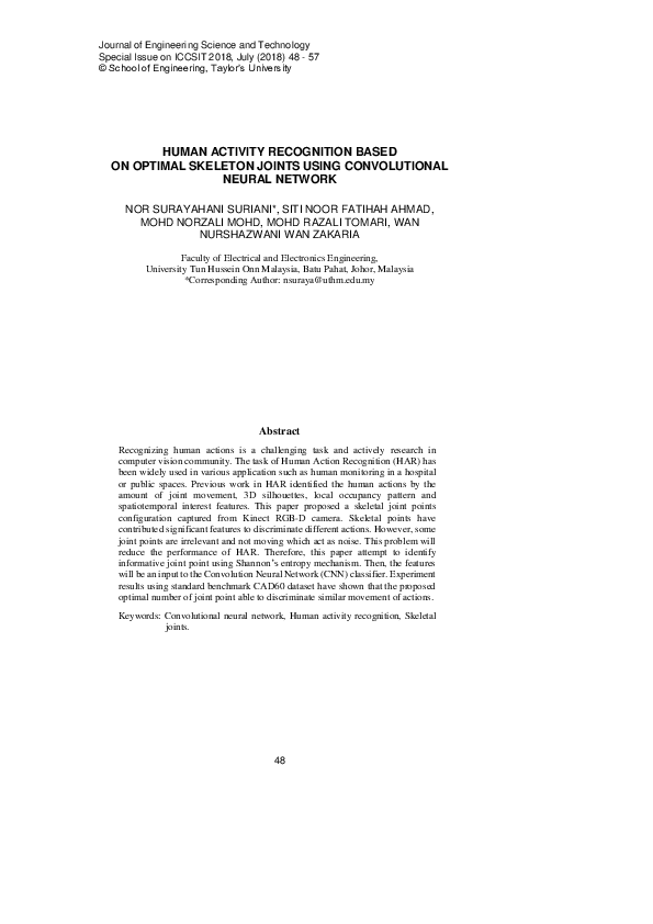Pdf Human Activity Recognition Based On Optimal Skeleton Joints Using