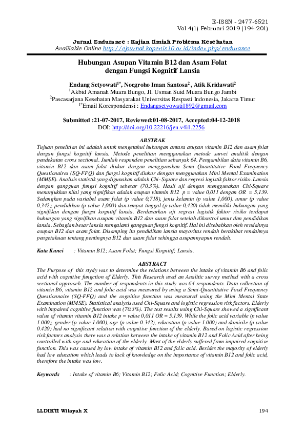 Pdf Hubungan Asupan Vitamin B12 Dan Asam Folat Dengan Fungsi Kognitif