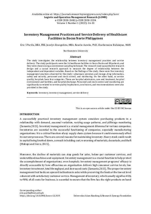 (PDF) Inventory Management Practices and Service Delivery of Healthcare ...
