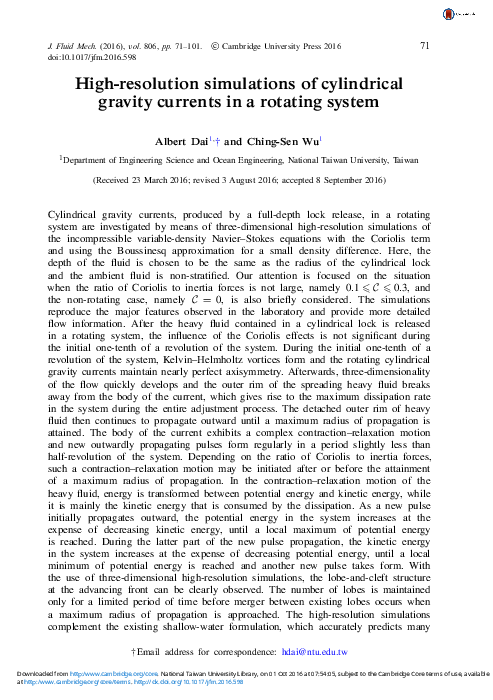 (PDF) High-resolution simulations of cylindrical gravity currents in a rotating system | Albert ...