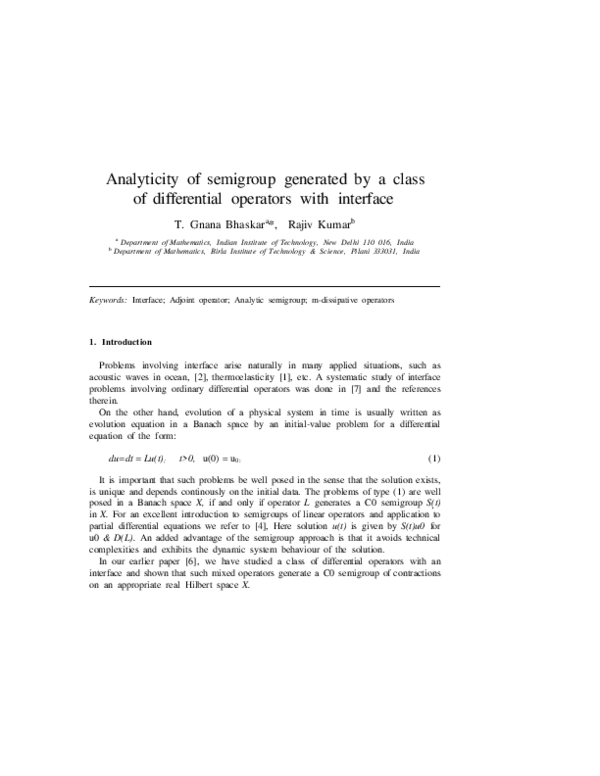 Pdf Analyticity Of Semigroup Generated By A Class Of Differential Operators With Interface