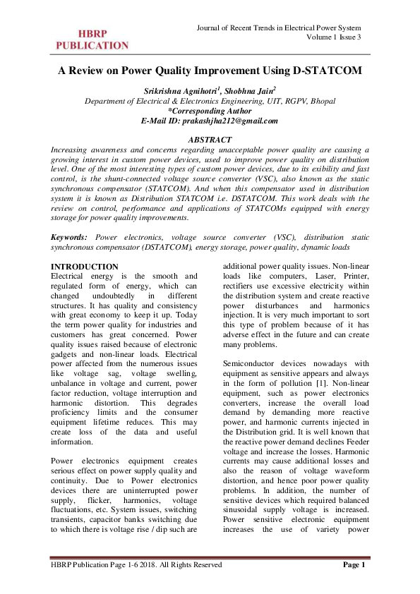 Pdf A Review On Power Quality Improvement Using D Statcom